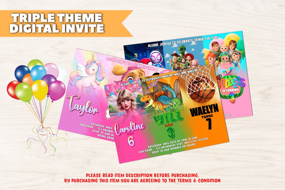 Sibling Birthday Invitation, Triple Birthday Invitation, Combined ...