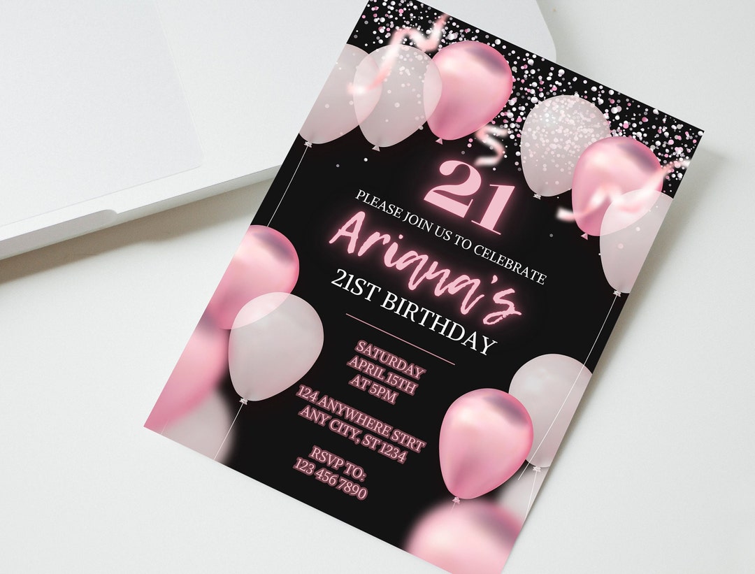21st Birthday Invitation, Editable 21st Invite Pink & Black Invitation ...