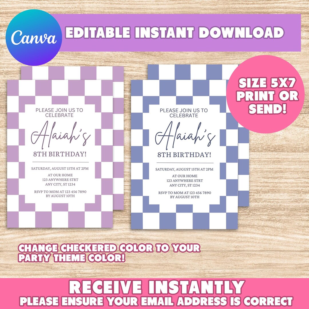 Checkered Invitation , Checkered Party, Editable Invite, Neutral ...
