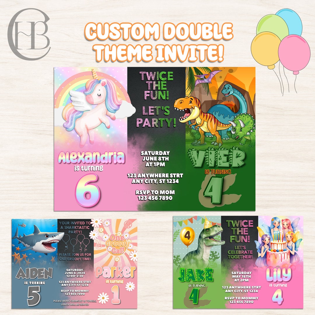 Custom Theme Sibling Birthday Invitation, Double Birthday Invitation ...