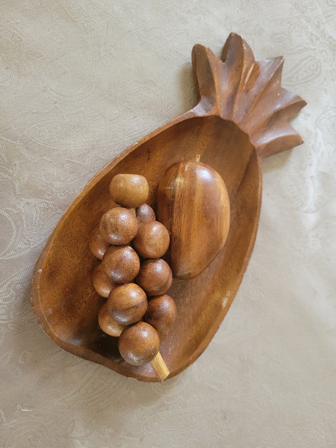 Vintage Teak Pineapple Bowl With Fruit, Monkey Pod Wood Grapes Apple Table Artificial ...