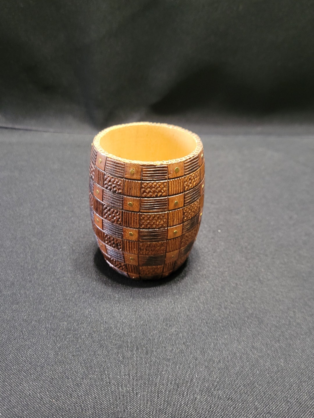 Small Hand Carved Wooden Cup Checkerboard Pattern Dark Medium Brown ...