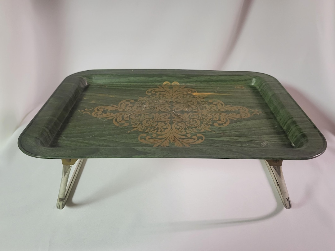 Folding Metal Bed Tray Vintage Lap Green Gold Scroll Design Tv Vtg Feet ...