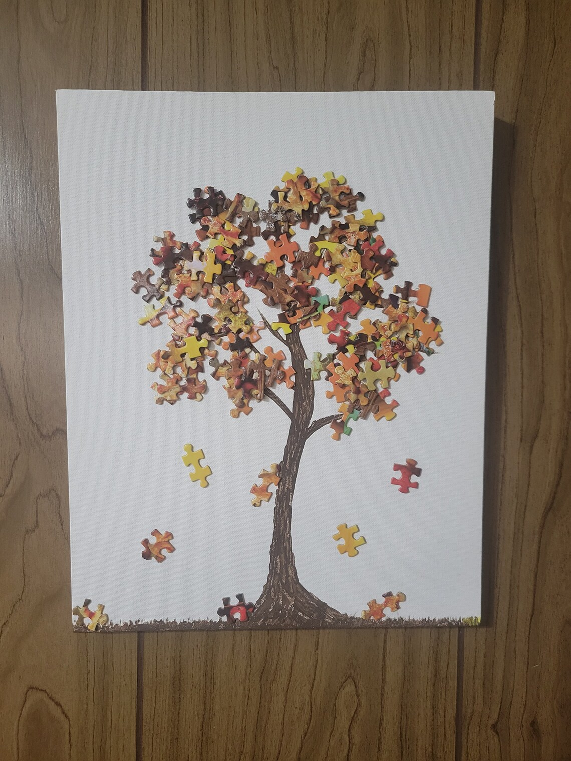 Canvas Wrapped Mixed Media Fall/autumn Tree With Puzzle Pieces ...