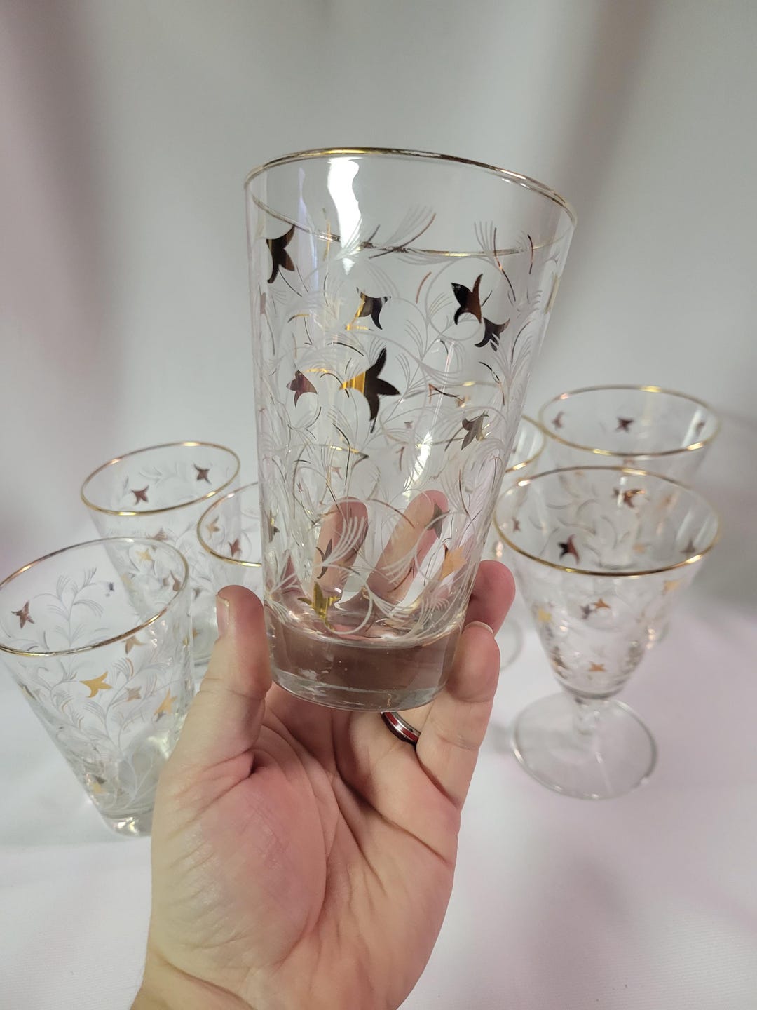 Libby Royal Fern Glassware White Gold Rim Glasses Goblets Wine ...