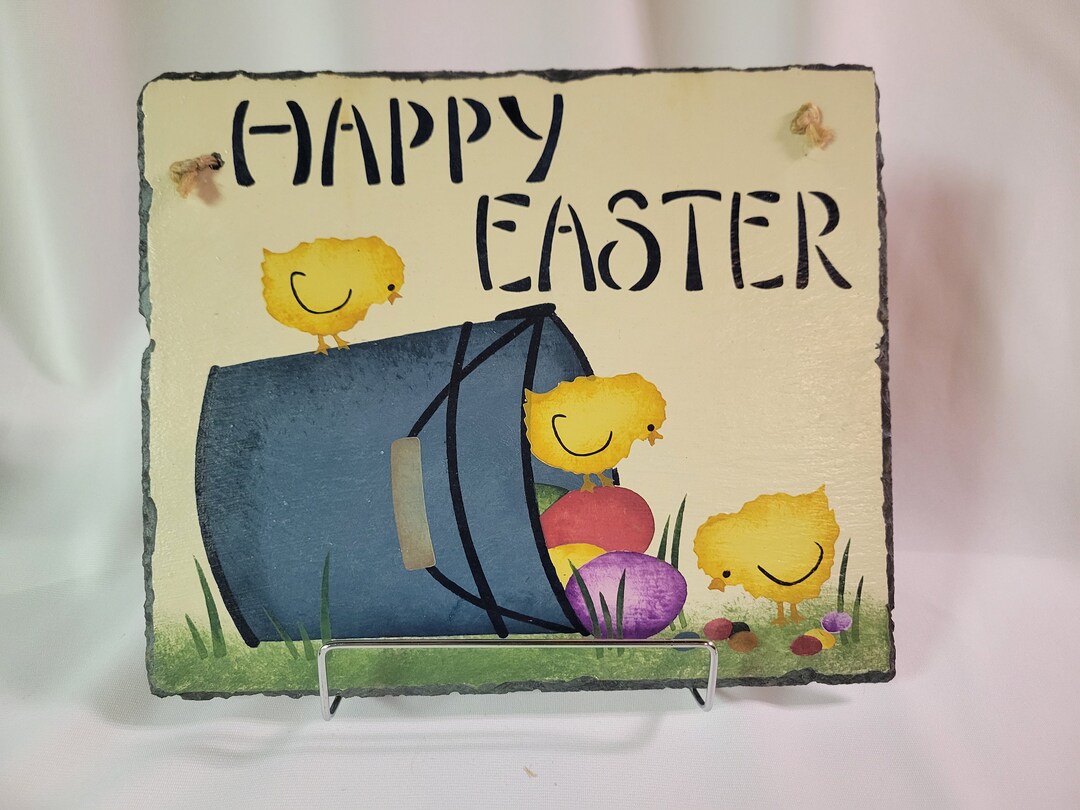 Vintage Easter Hanging Slate Plaque Large Rope Bunny Rabbit Chicks Eggs ...