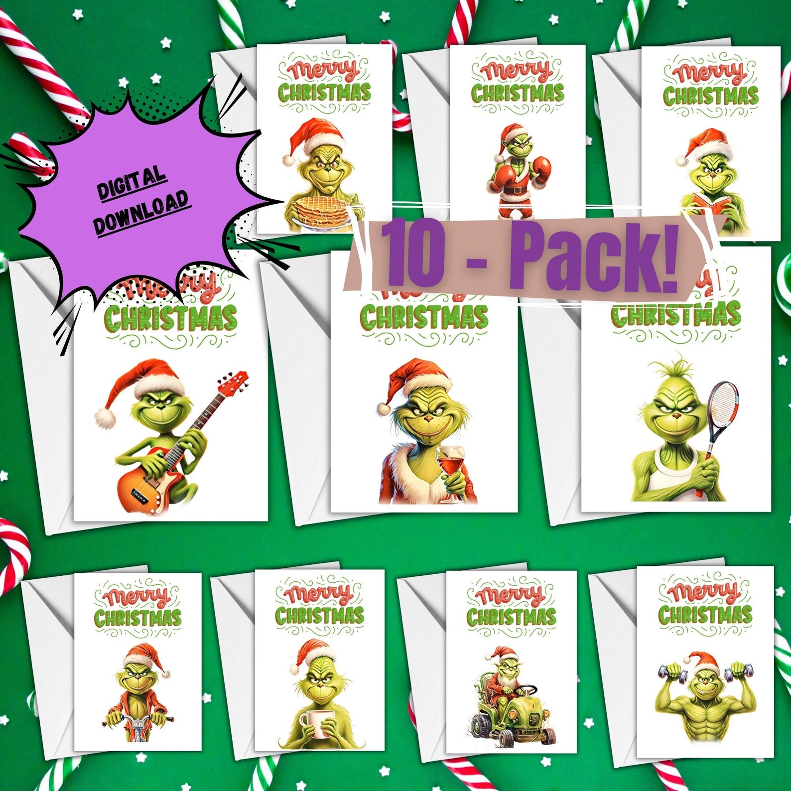 Cute Grinch Christmas Card Bundle Easy Downloadable Cards Fun Printable ...