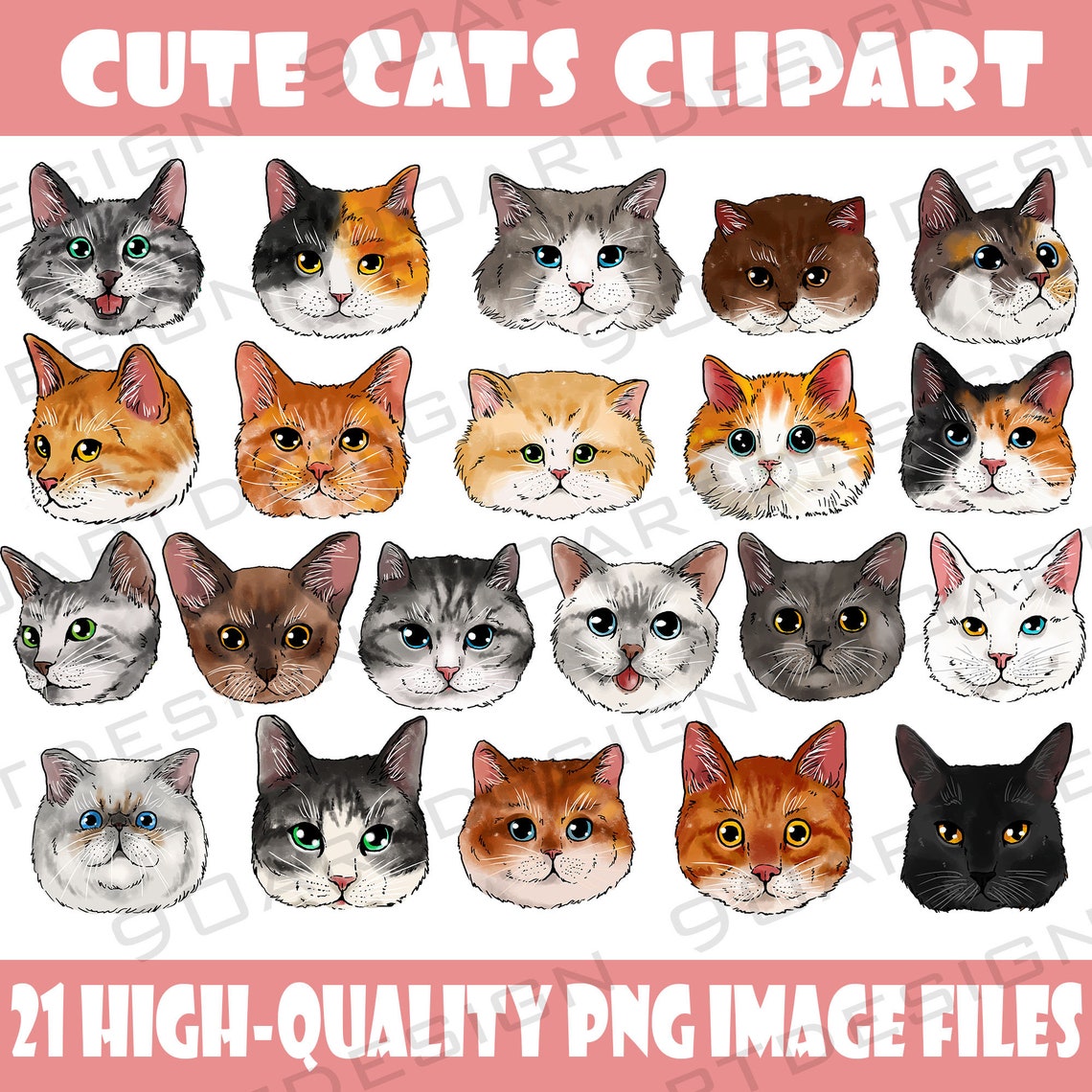 Set Cats Clipart Cute Cats Clip Art Hand Drawn Illustration - Etsy