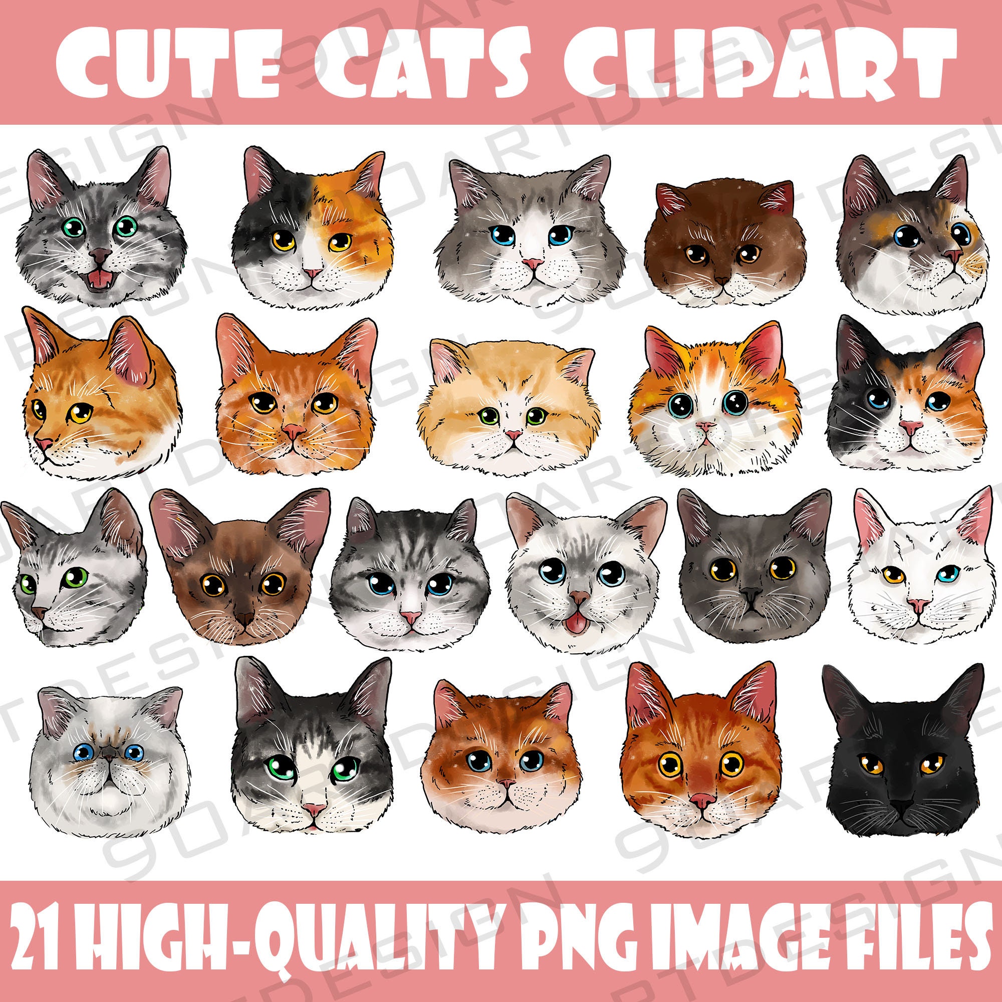 Set Cats Clipart Cute Cats Clip Art Hand Drawn Illustration - Etsy
