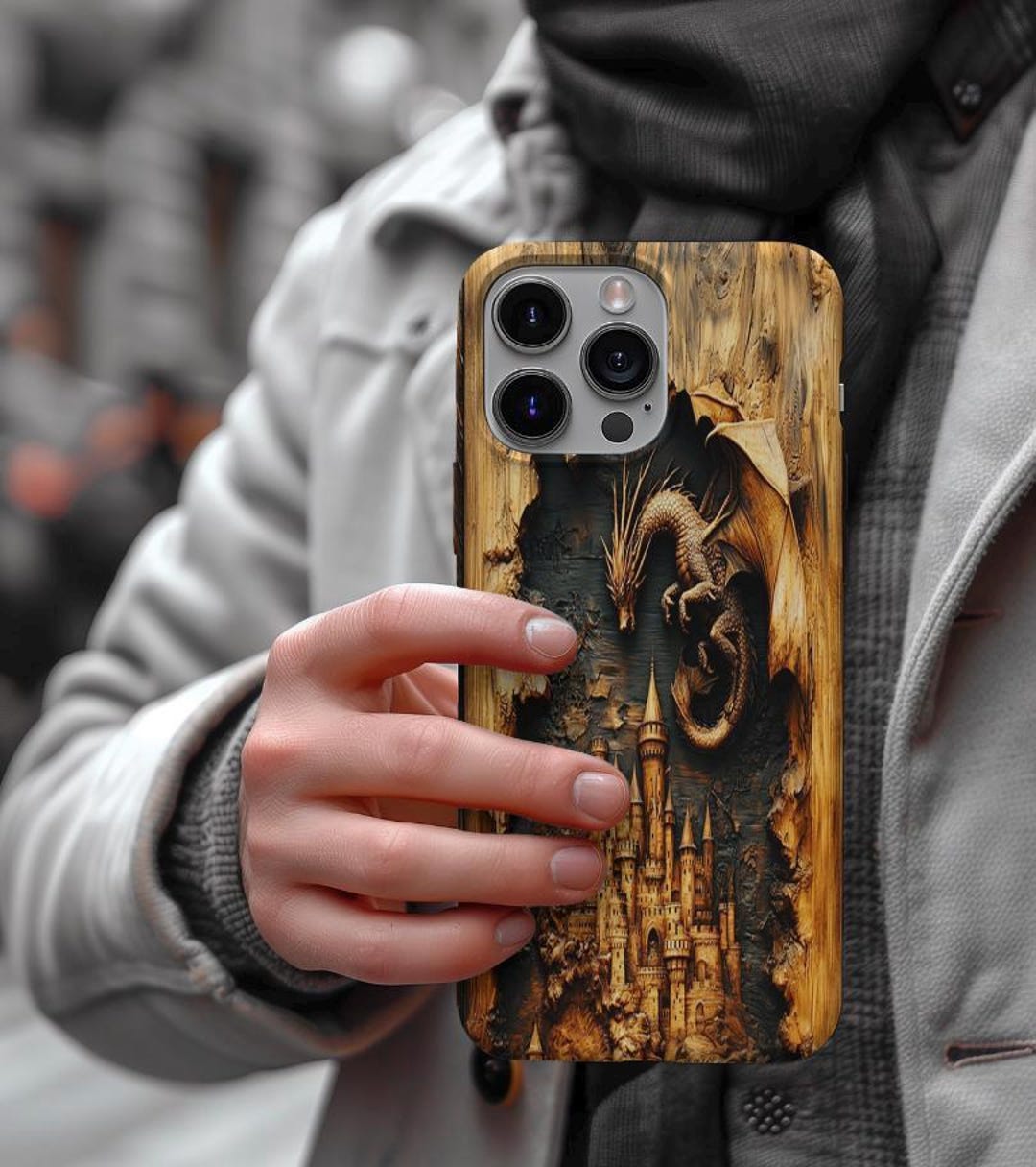 Faux Carved Wood Mystical Dragon Tough Case, 3D Effect Dragon, iPhone 15 16, Galaxy S 25, Pixel ...