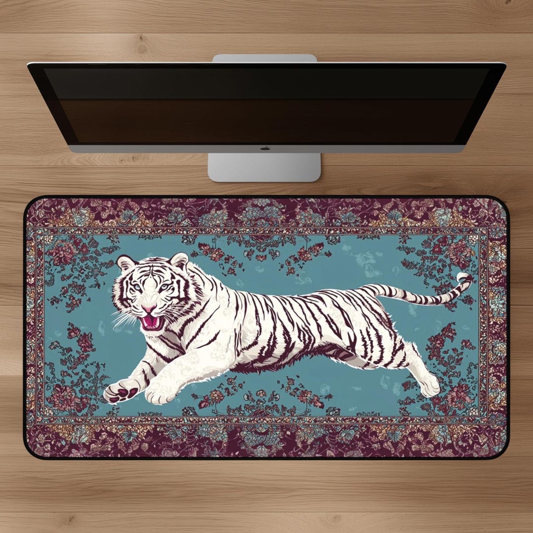 Faux Persian Rug White Tiger, Desk Mat, Gaming Computer Mat, Large ...