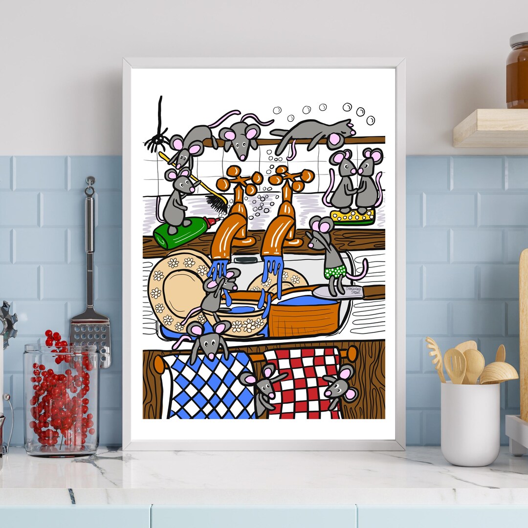 Funny Mice Kitchen Print: Hand-drawn Cartoon Washing up Art Graphic - Etsy