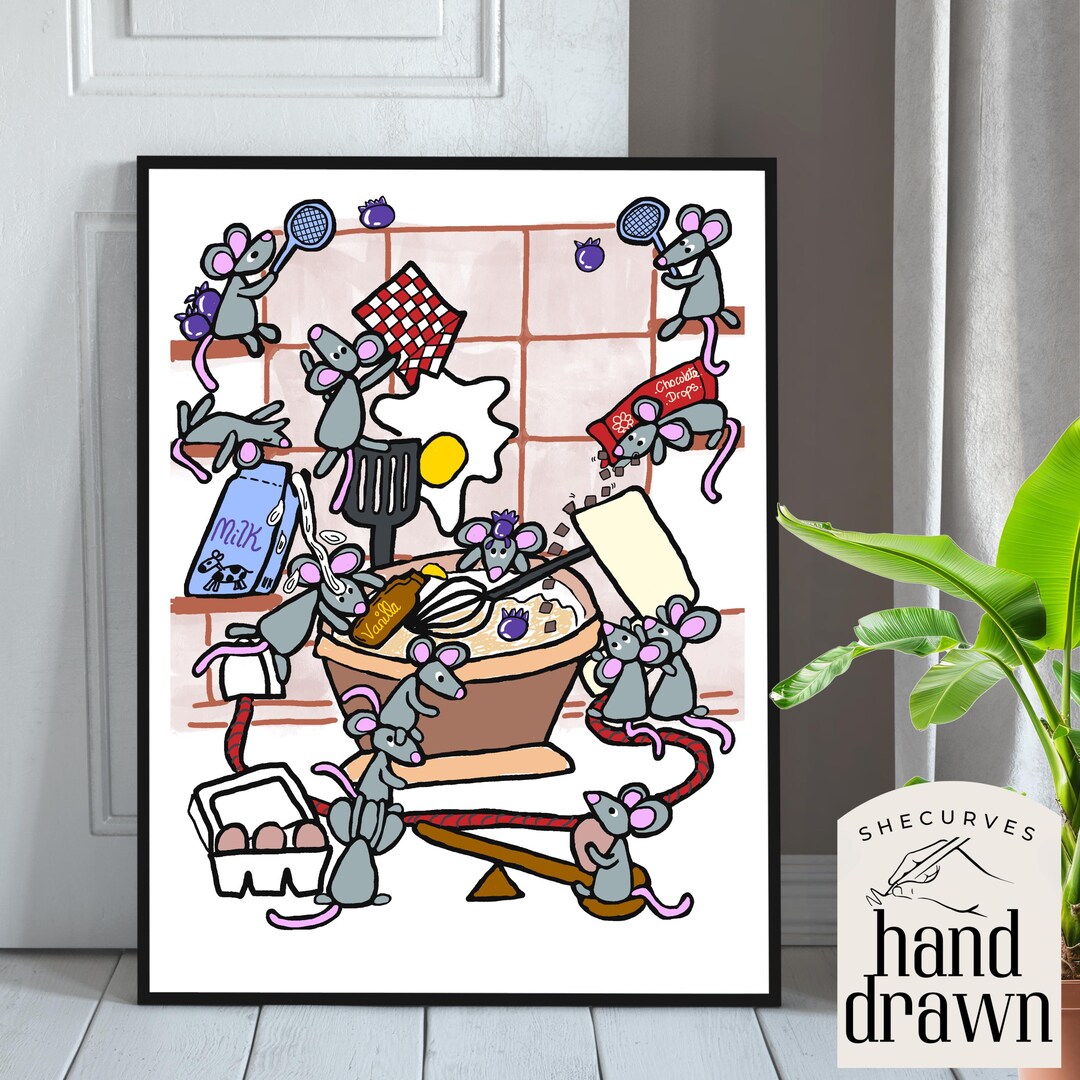 Cooking Poster: Making a Cake, Funny Cartoon Mice Hand Drawn Art ...