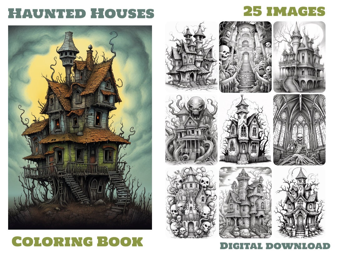 Manor of Mystery - 25 Haunted House Scenes Adult Horror Coloring Book ...