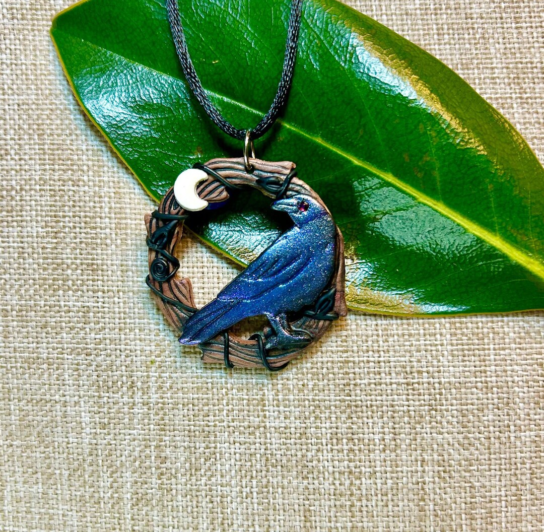 Handmade Iridescent Raven Pendant: Glow-in-the-dark Moon, Polymer Clay ...