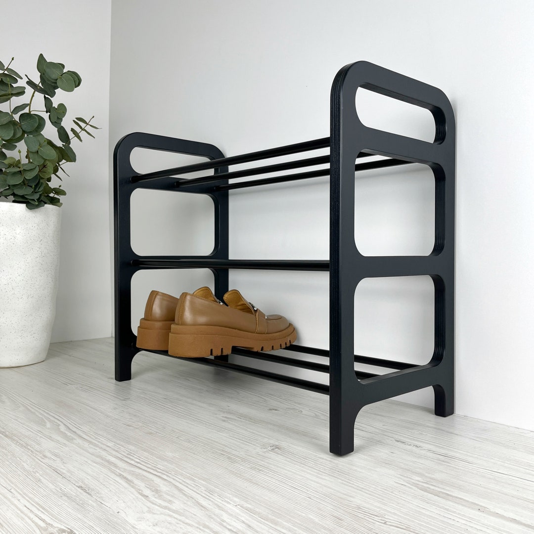 3 Tier Black Shoe Rack for Entryway Wood and Metal Tiered Shoe Shelf ...