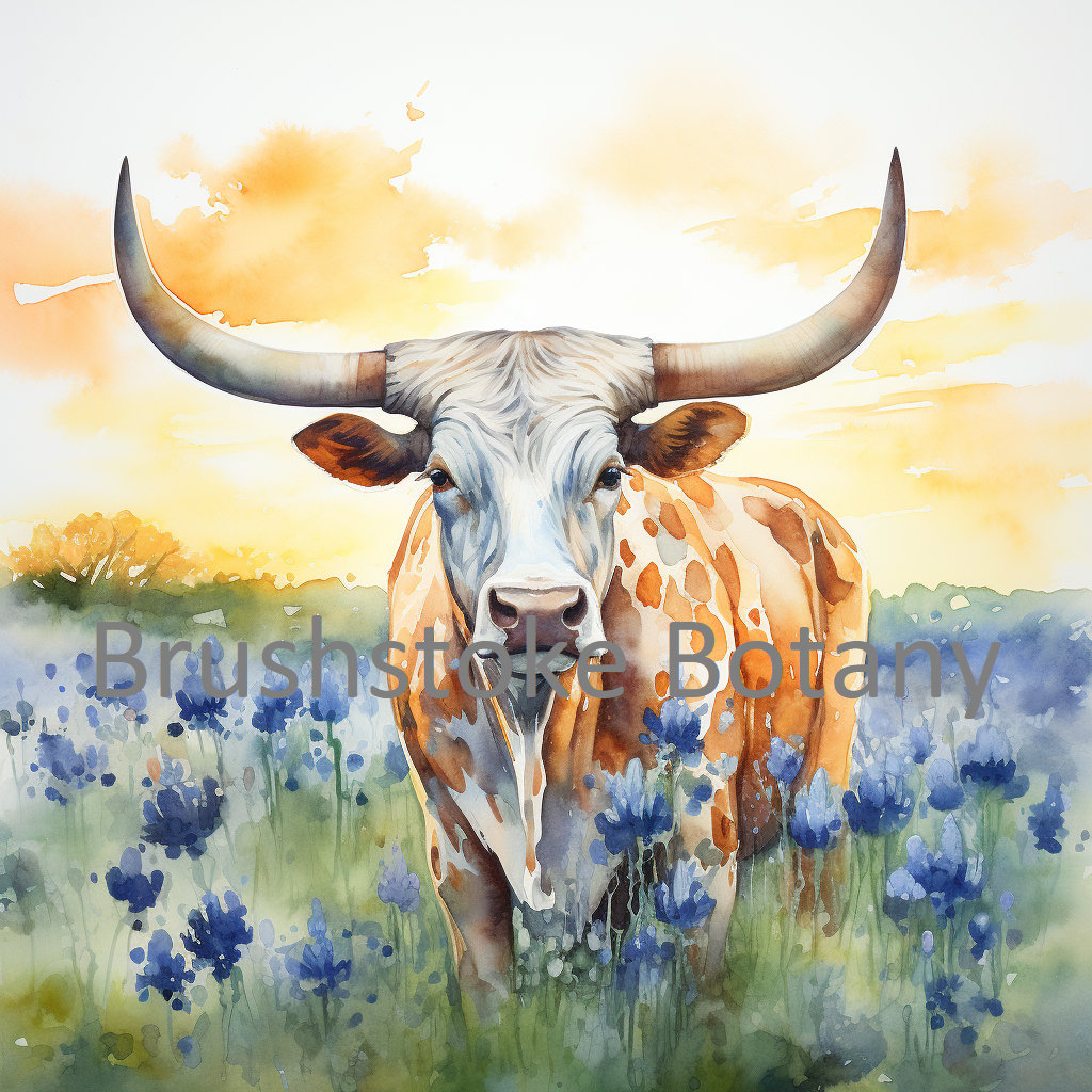Watercolor Longhorn, Texas, Bluebonnets, Watercolor, Minimalist, Rustic ...
