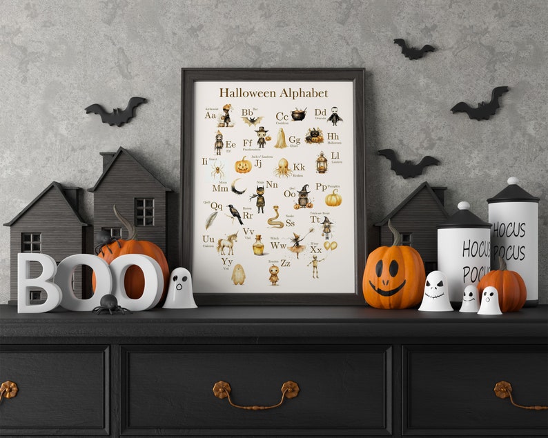 Halloween Alphabet Poster Watercolor Illustrations Fall Decor ...