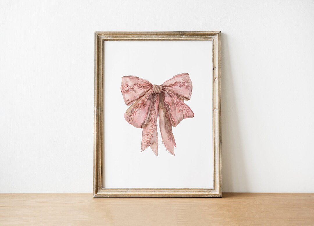Vintage Pink Bow Illustration, Feminine Wall Art, Shabby Chic Decor ...