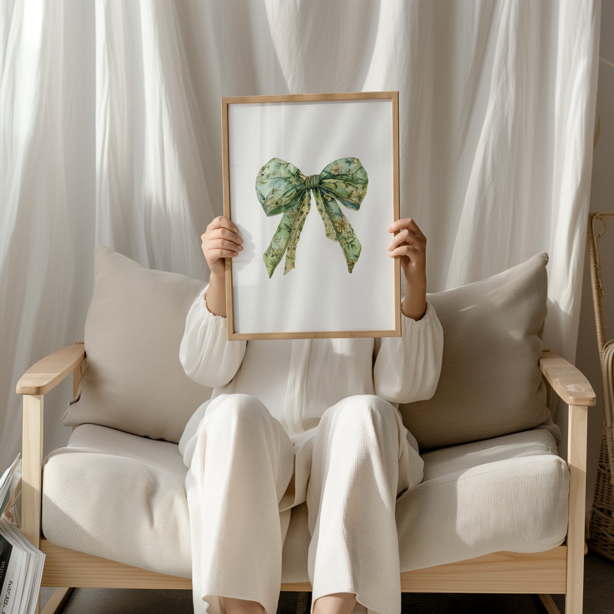 Vintage Green Bow Watercolor Print: Rustic Botanical Art (digital ...