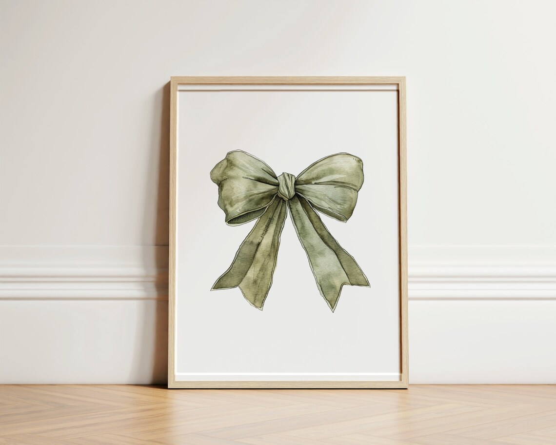 Vintage Green Bow Illustration, Printable Wall Art, Shabby Chic Decor ...