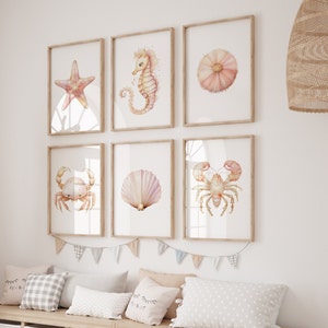 Beach Theme Nursery Set 6 Prints of Sea Creatures Magenta Pink Gold ...