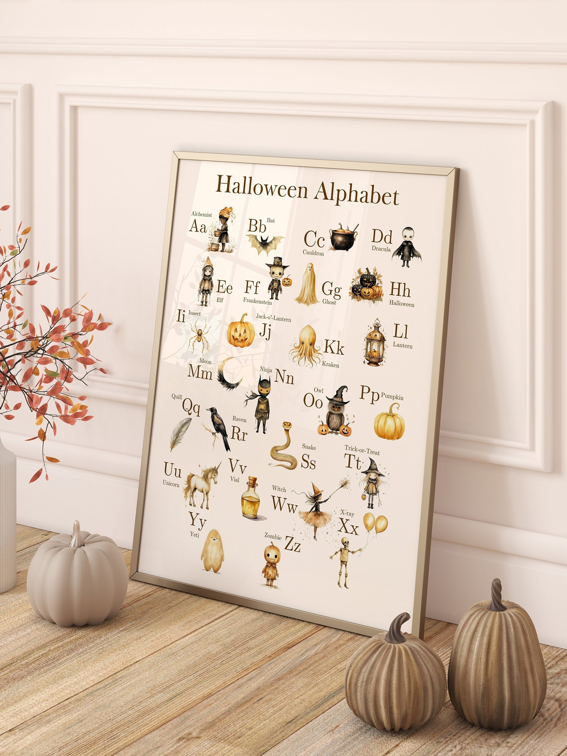 Halloween Alphabet Poster Watercolor Illustrations Fall Decor ...