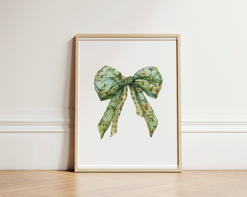 Vintage Green Bow Watercolor Print, Botanical Wall Art, Digital ...