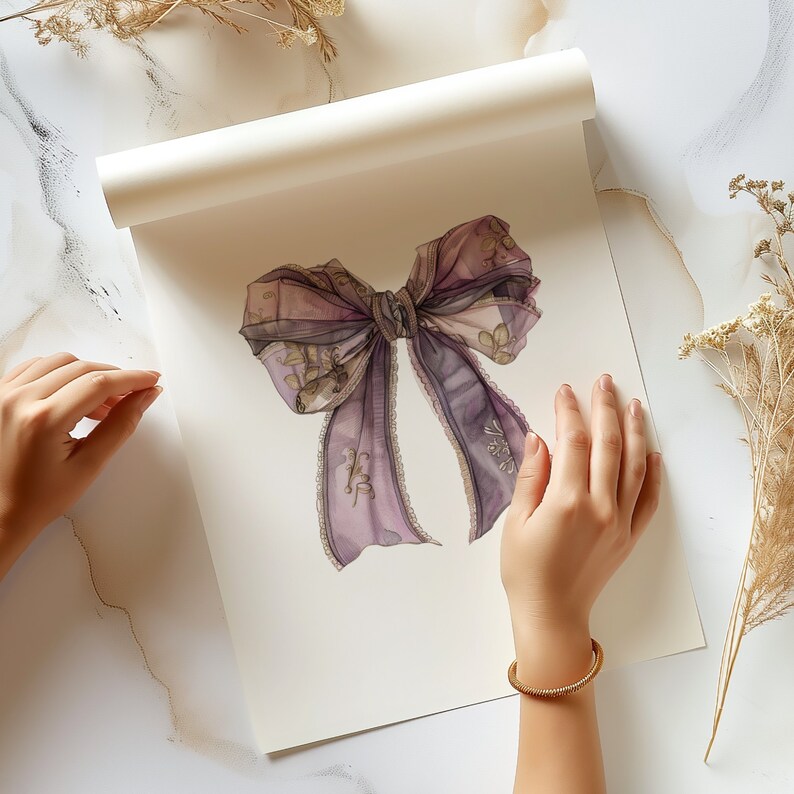 Elegant Watercolor Purple Bow Digital Print, Chic Bow Drawing ...