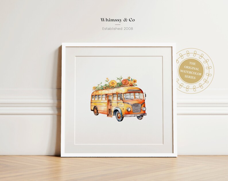 Classroom Art Nursery Decor School Bus Flower Print Vintage Bus Digital ...