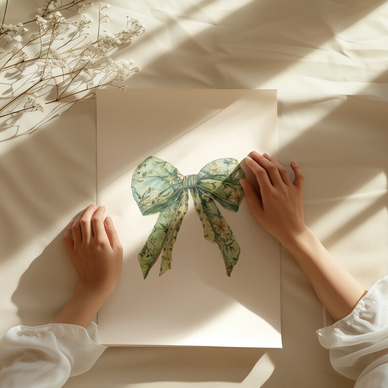 Vintage Green Bow Watercolor Print: Rustic Botanical Art (digital ...