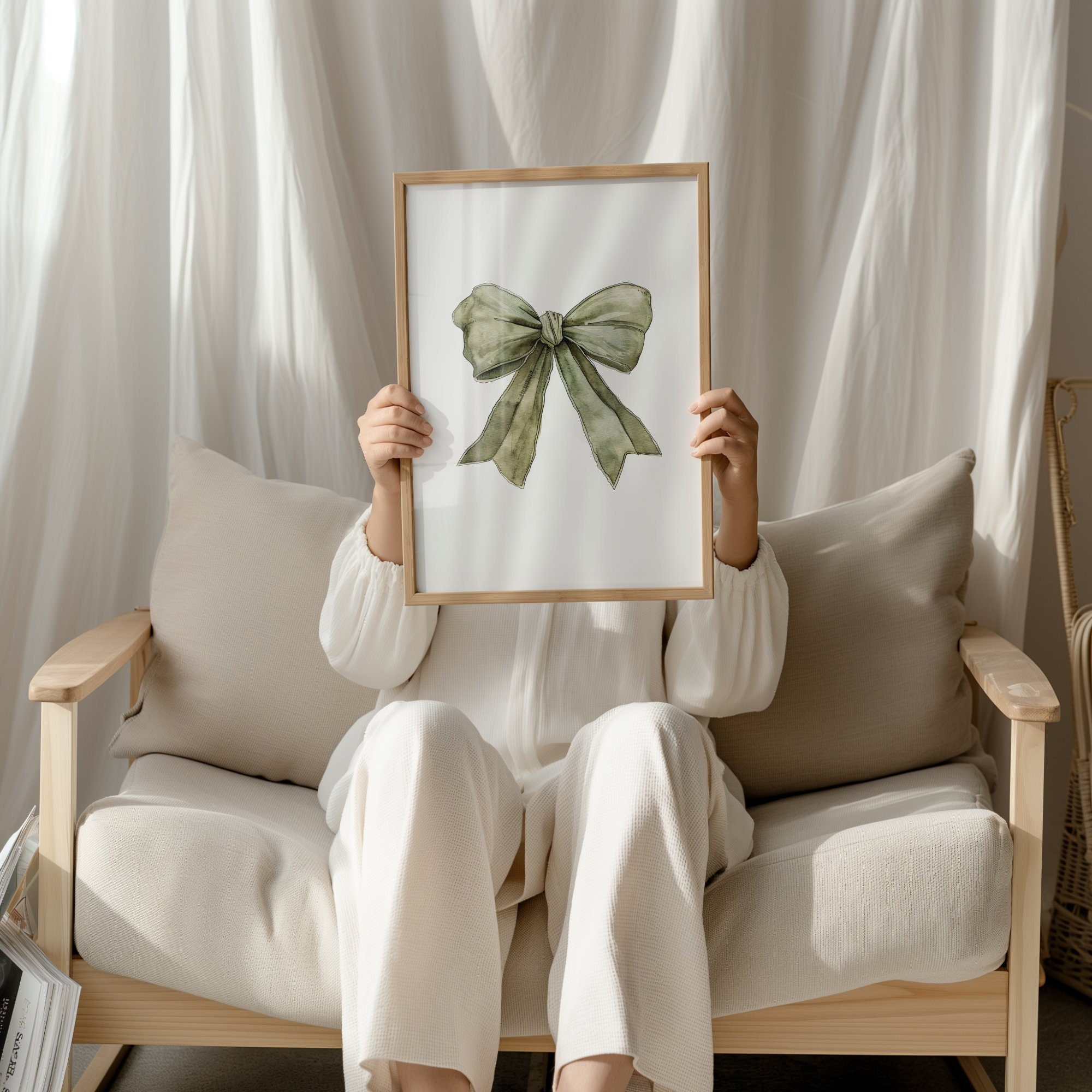 Vintage Green Bow Illustration, Printable Wall Art, Shabby Chic Decor ...