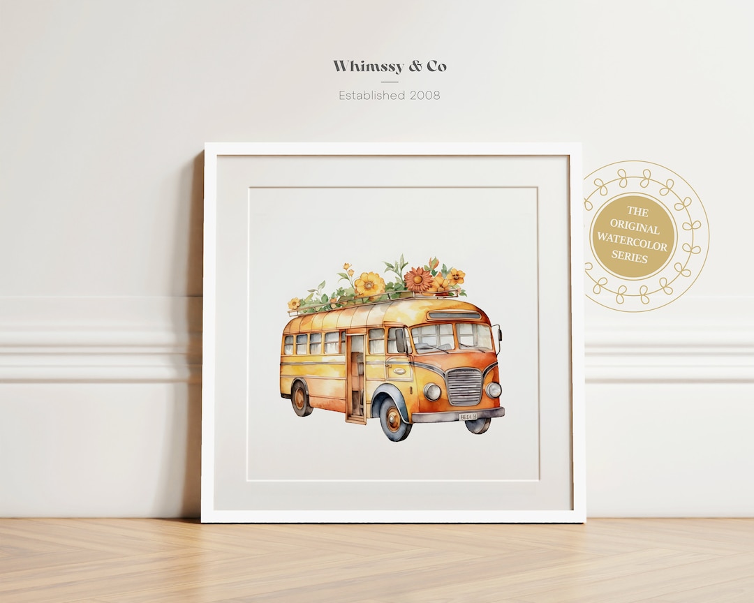 Classroom Art Nursery Decor School Bus Flower Print Vintage Bus Digital ...
