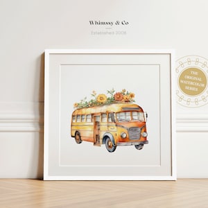 Classroom Art Nursery Decor School Bus Flower Print Vintage Bus Digital ...