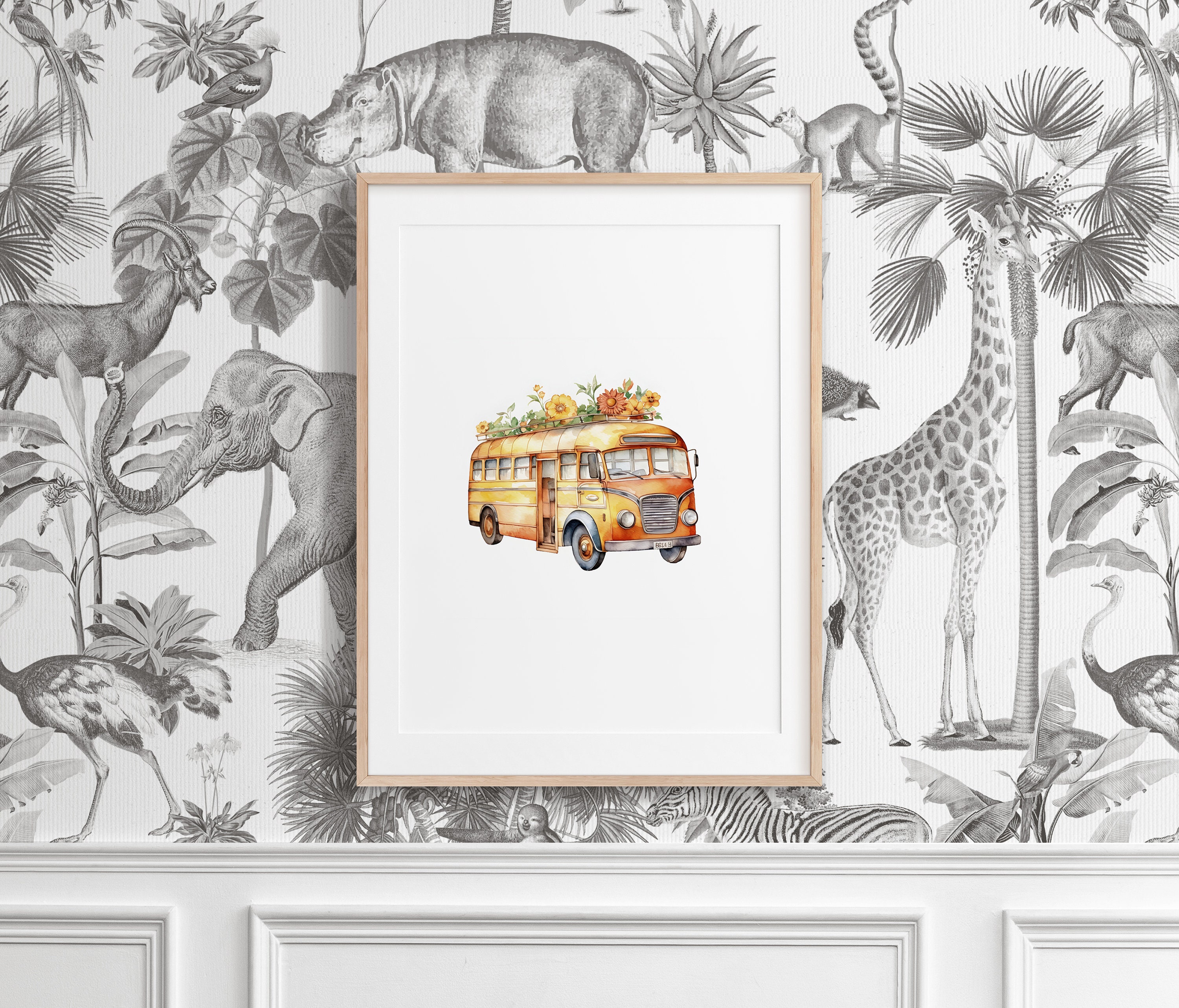 Classroom Art Nursery Decor School Bus Flower Print Vintage Bus Digital ...