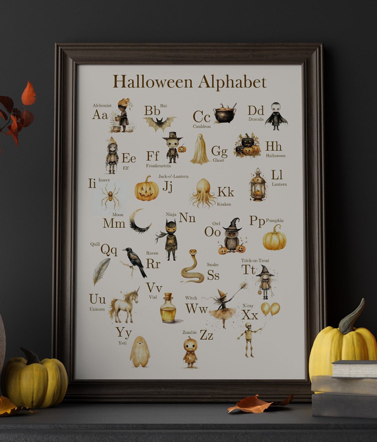 Halloween Alphabet Poster Watercolor Illustrations Fall Decor ...