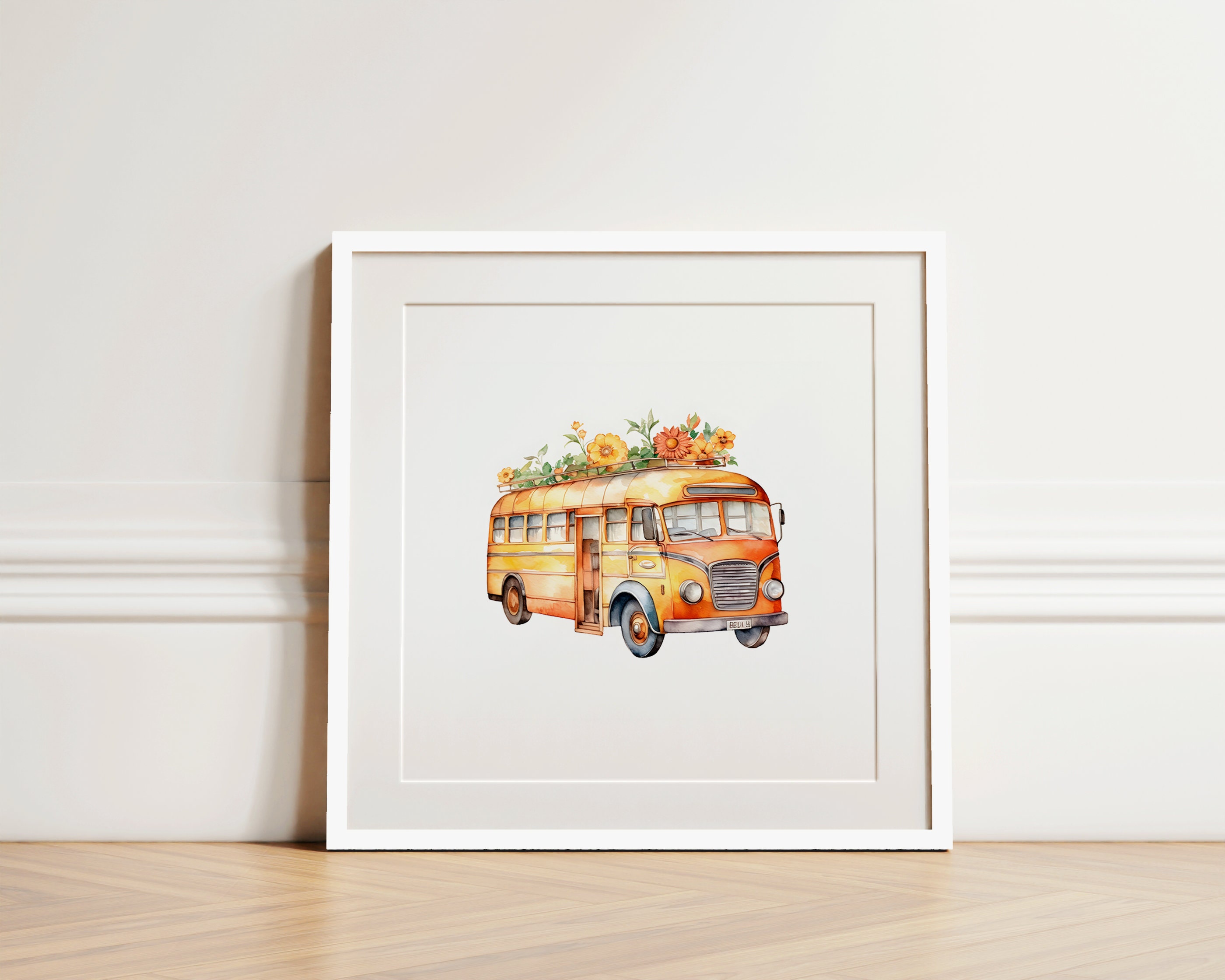 Classroom Art Nursery Decor School Bus Flower Print Vintage Bus Digital ...
