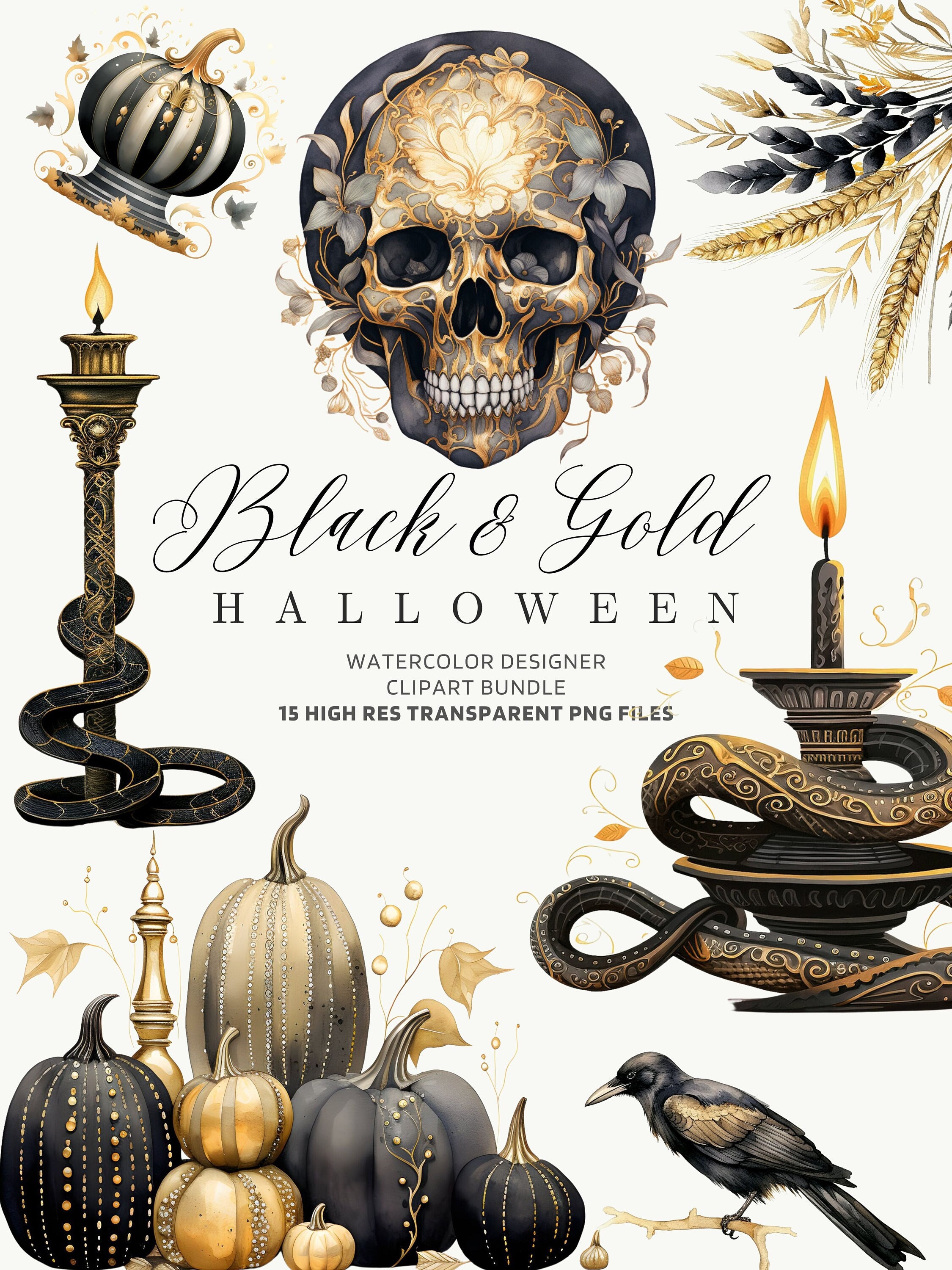 Gold Halloween Clipart Bundle: Vintage Watercolor PNG (digital Download ...
