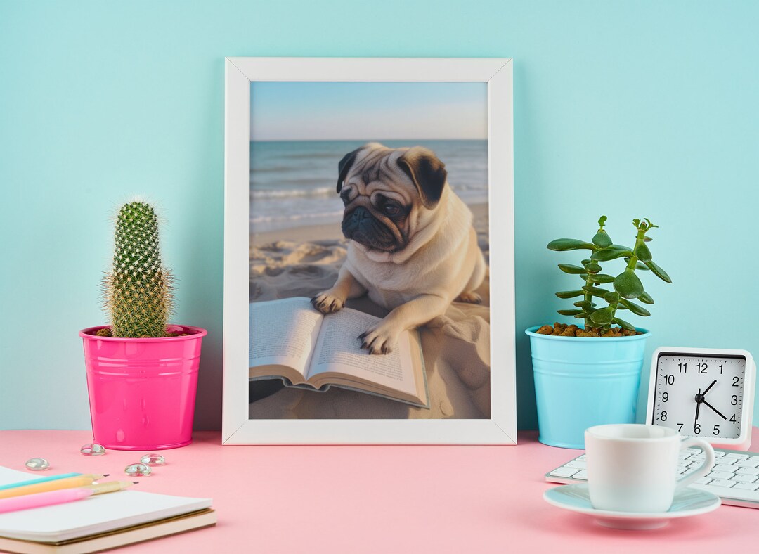 Pug on the Beach, Digital Print Pug, Instant Download of Pug, Reading ...