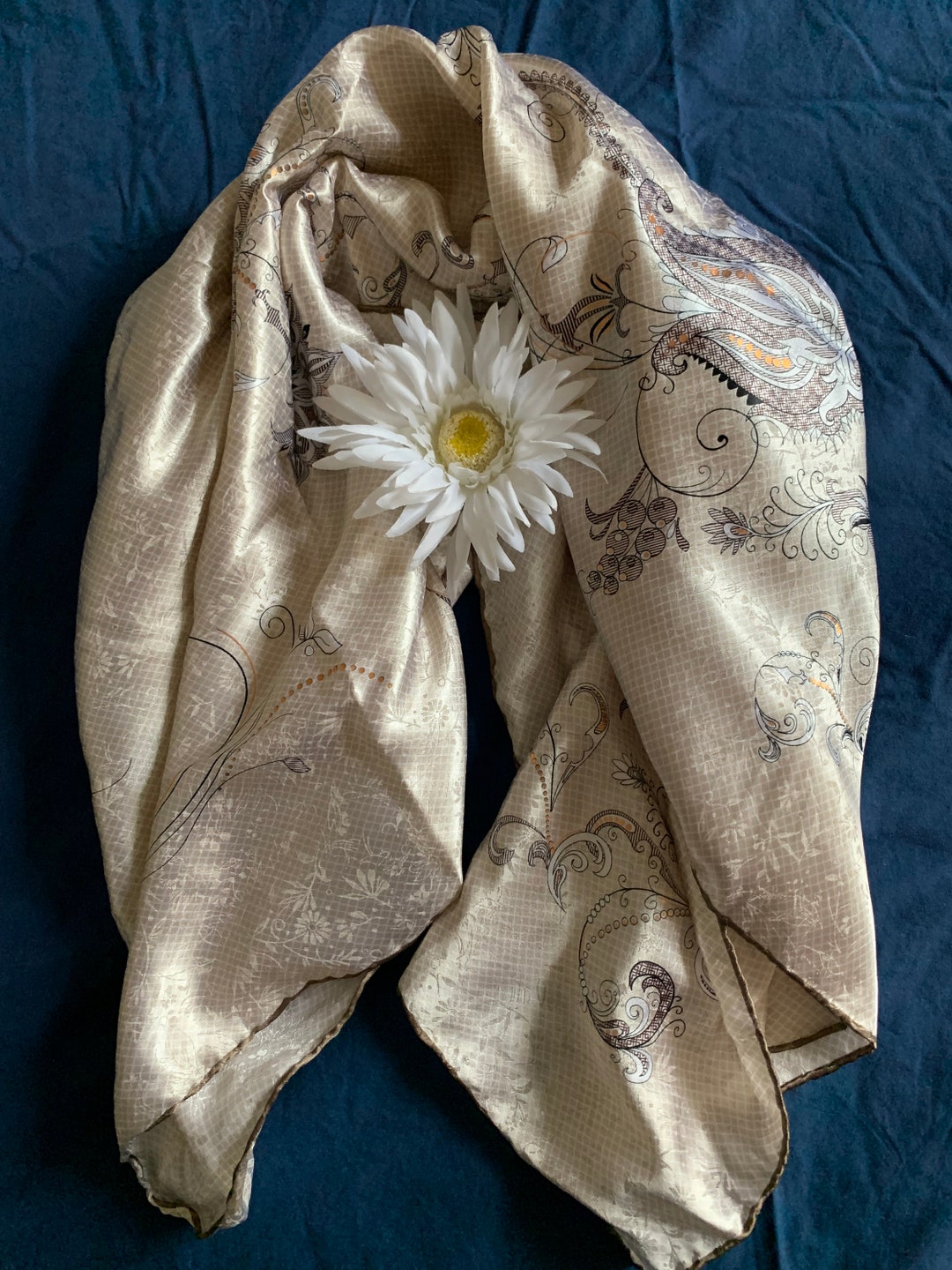 Vintage Gold Glittered Pure Silk Scarf With Flower Print Hand Sewn ...