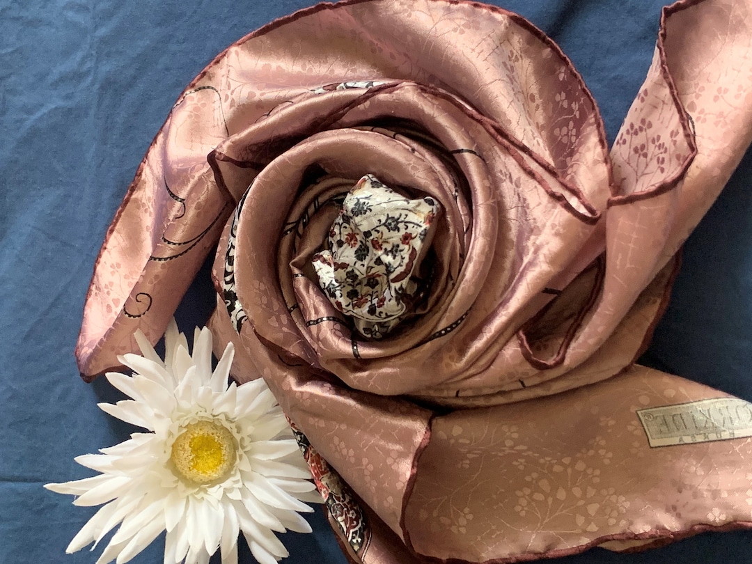 Vintage Rose and Gold Silk Floral Design Silk Scarf With Silver ...