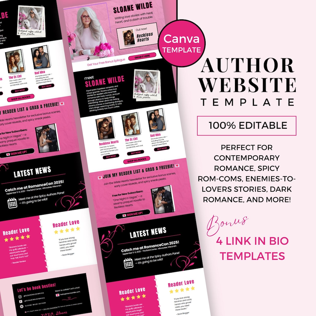 Romance Author Website Template for Canva | Spicy Romance Author Site Design | Hot Pink Website ...