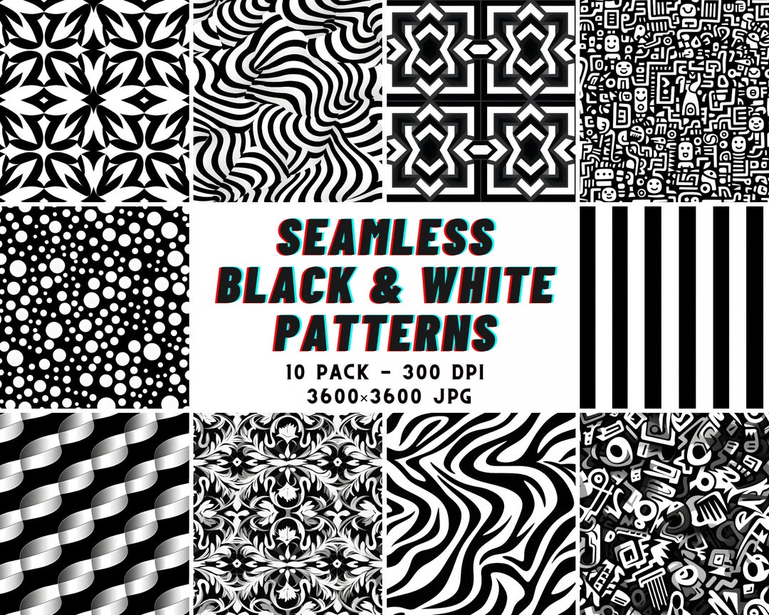 10 Unique Seamless Black & White Patterns: High-resolution JPG, Instant ...