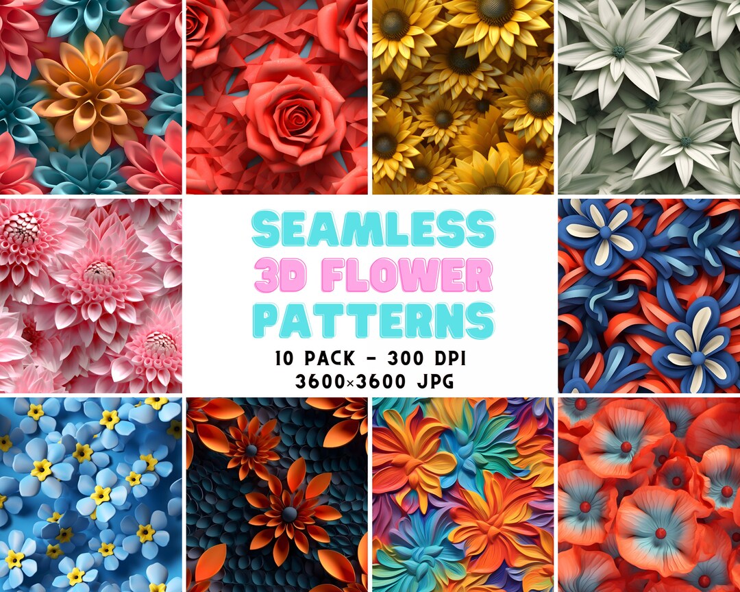 10 Unique Seamless 3D Flower Patterns: High-resolution JPG, Instant ...