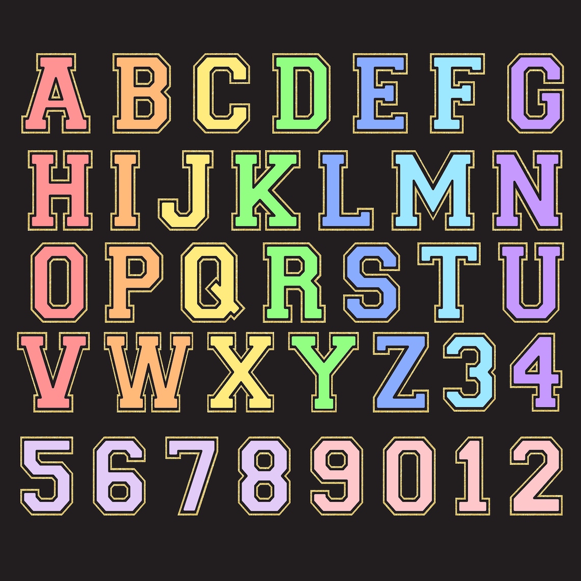 Pastel Glitter Varsity Letter Set: PNG Alphabet, Numbers (canva ...