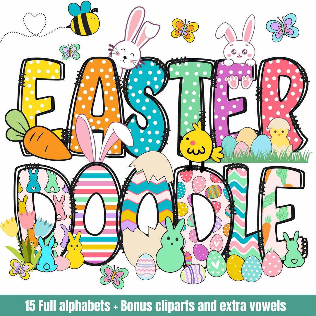 Easter Alphabet Doodle Letters PNG Bundle, Easter Bunny Alphabet, Alpha ...