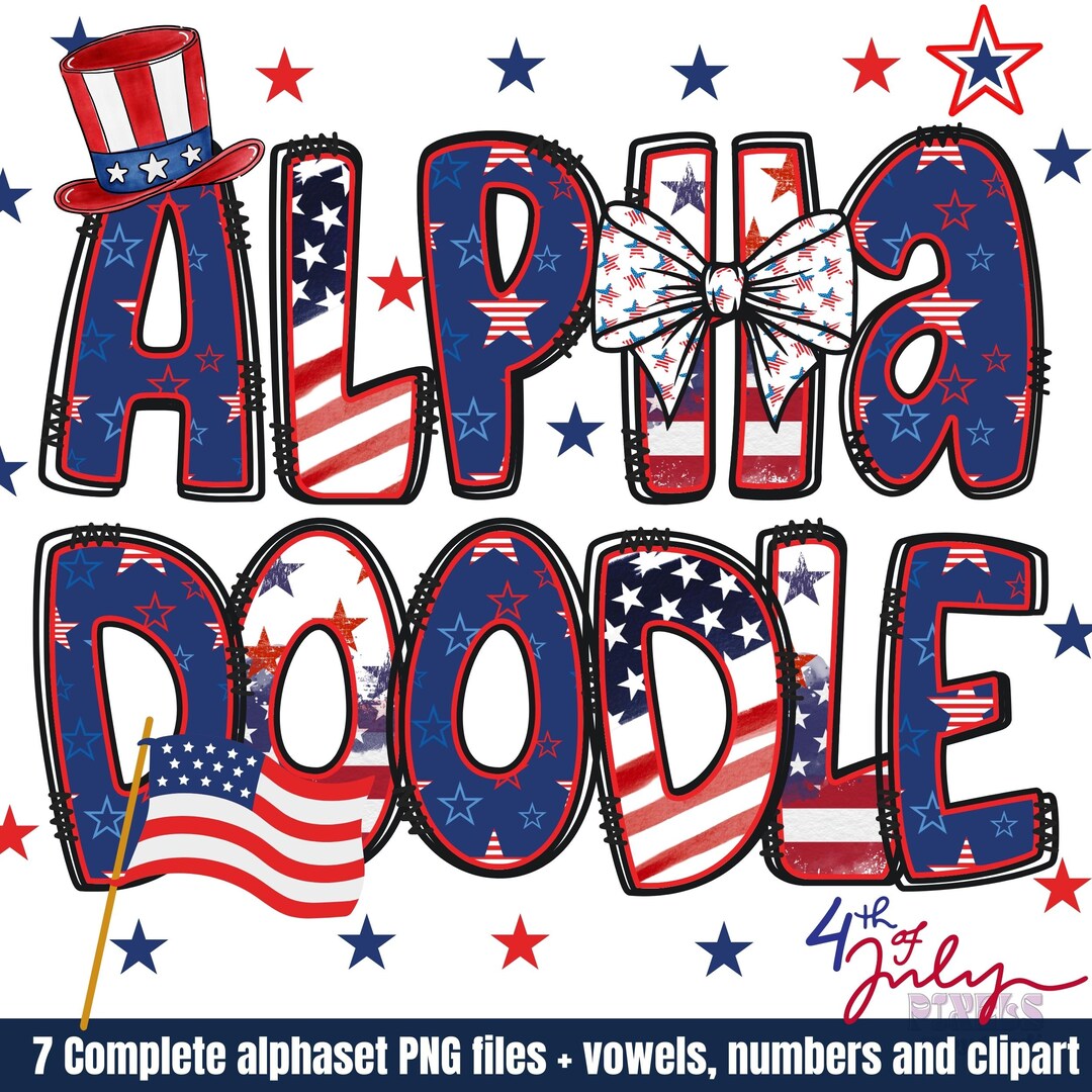Patriotic American Flag Alphabet PNG Bundle, USA Doodle Letters, Hand ...