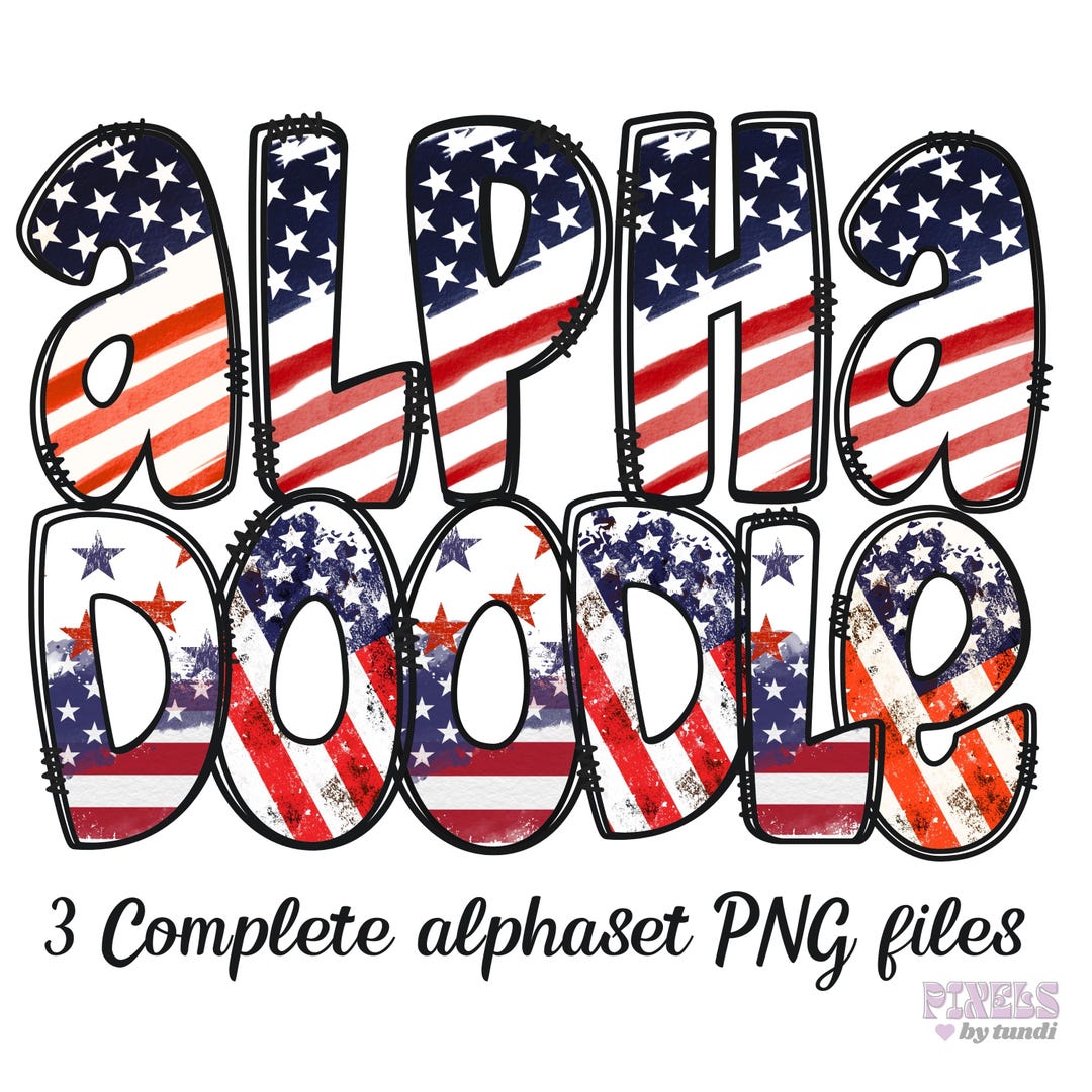 Patriotic American Flag Alphabet PNG Bundle, USA Doodle Letters, Hand ...