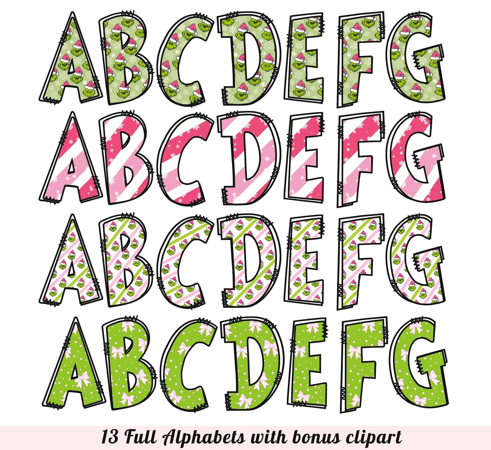 Christmas Doodle Letters, Numbers Clip Art, Retro Xmas Alpha (PNG ...