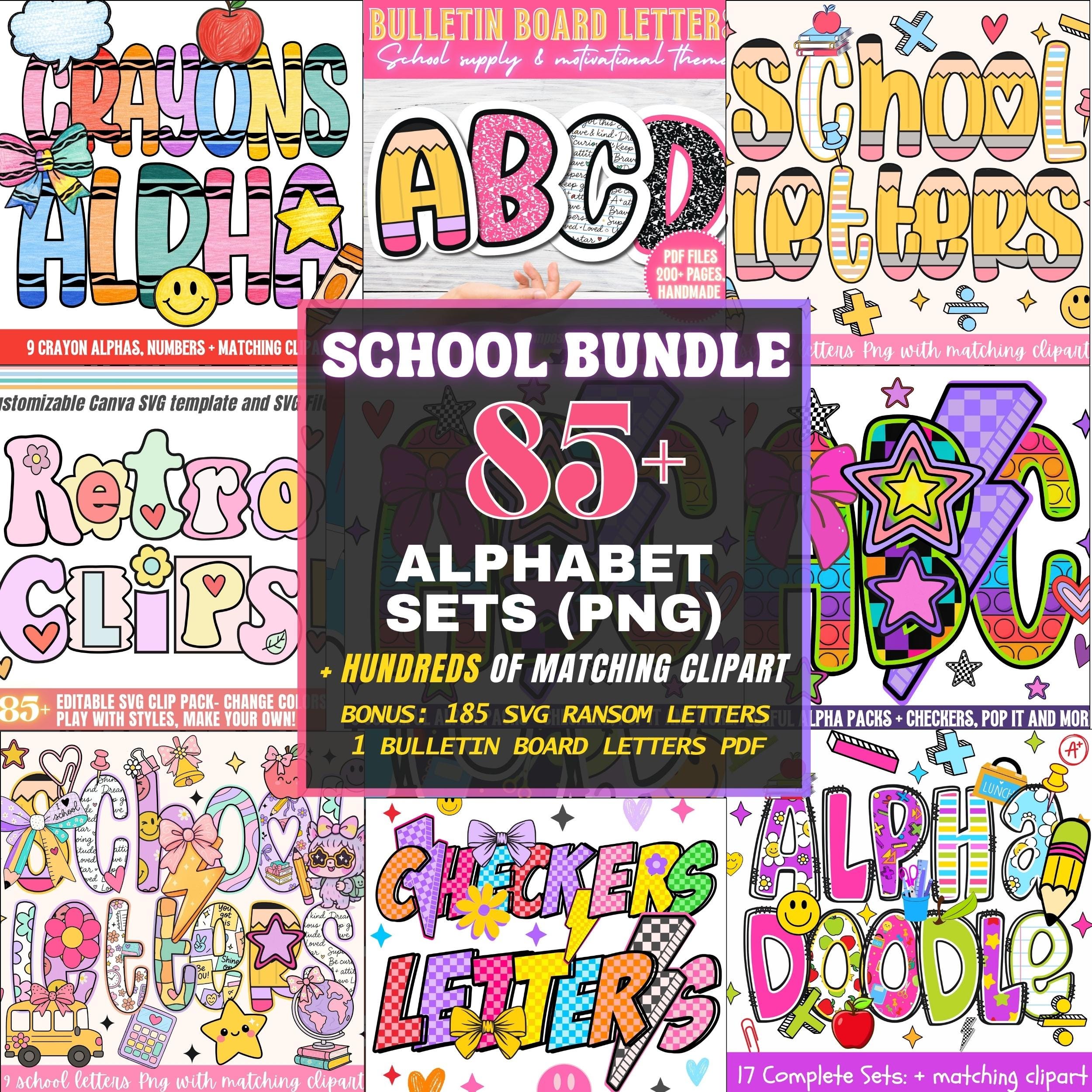 School Doodle Alphabet PNG Bundle Uppercase Lowercase Numbers Classroom ...